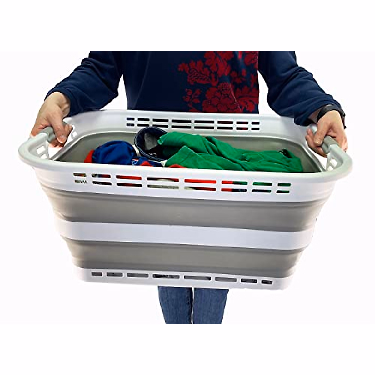 SAMMART 42L (11 Galloons) Collapsible Plastic Laundry Basket - Foldable Pop Up Storage Container/Organizer - Portable Washing Tub - Space Saving Hamper/Basket [BPA Free] (White/Grey)