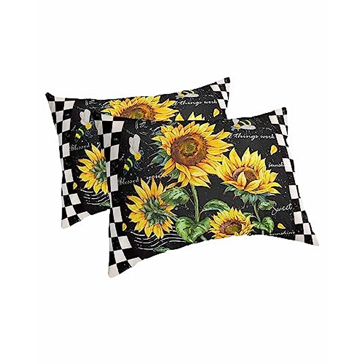 Sunflower Pillow Covers Standard Size Set of 2 20x26 Bed Pillow, Farmhouse Spring Floral Bee Rustic Black White Plaid Plush Soft Comfort for Hair/ Skin Cooling Pillowcases with Envelop Closure