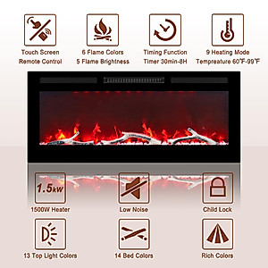 42 Inch Electric Fireplace Recessed and Wall Mounted, LED Linear Fireplace with Remote Control Ultra-Thin and Low Noise 1500W Adjustable 6 Flame Options, Timer