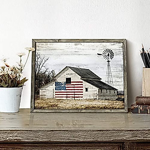 Wooden Picture Art Wall Decor: Rustic Old Barn Artwork American Flag Painting Grey Windmill Prints Landscape for Farmhouse Home Living Room Decoration