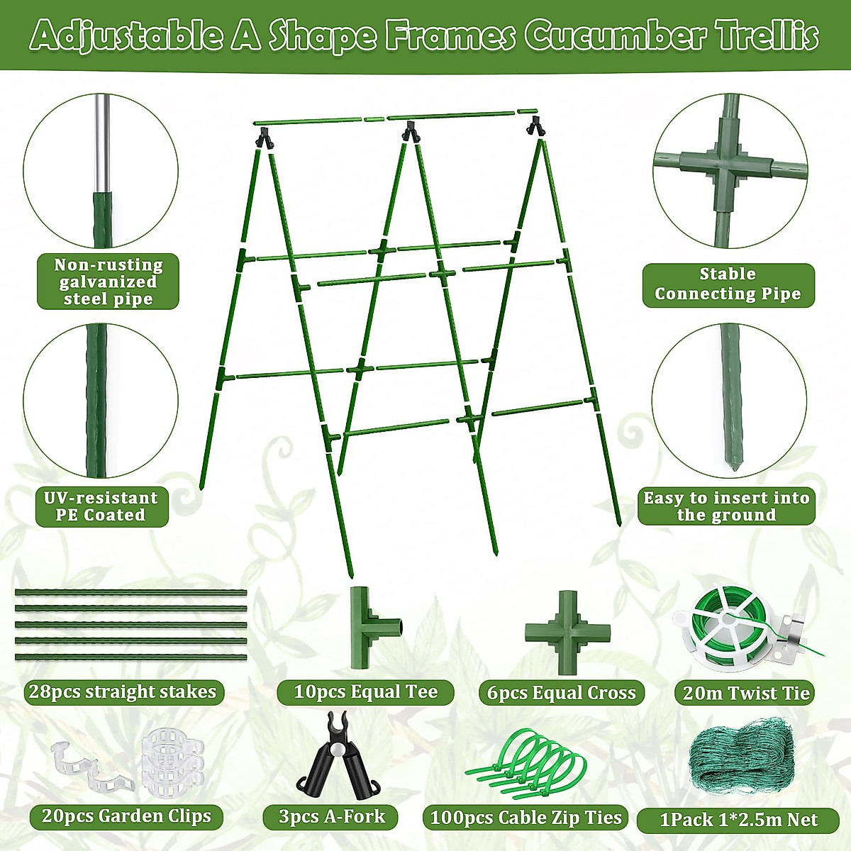 Cucumber Trellis for Raised Beds, 31 X 47 Inch Adjustable Size A-Frame Garden Trellis for Climbing Plant Outdoors with Climbing Net and Plant Support Clip for Vegetable Grape Tomato Garden Supplies