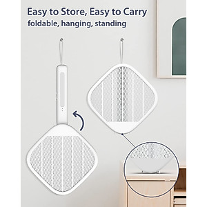 Electric Fly Swatter Foldable, Powerful 4000V Bug Zapper Racket, Mosquito Killer w/Purple Light, Rechargeable 1200mAh Insect Killer, 3-Layer Safe Design, Hanging Standing Portable for Indoor Outdoor