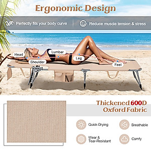 Moccha Folding Tanning Chair, Beach Lounger with Face Hole, 5-Position Adjustable Backrest, Side Pocket, Removable Pillow, Portable Bench Lounge Chairs for Outside Patio Pool Lawn (1, Beige)