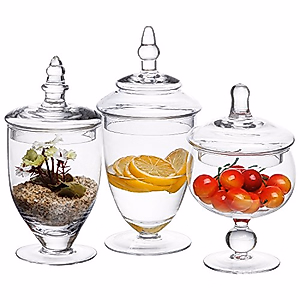 MyGift Clear Glass Small Apothecary Jars with Lids, Wedding Centerpiece, Candy Storage Canisters, 3 Piece Set