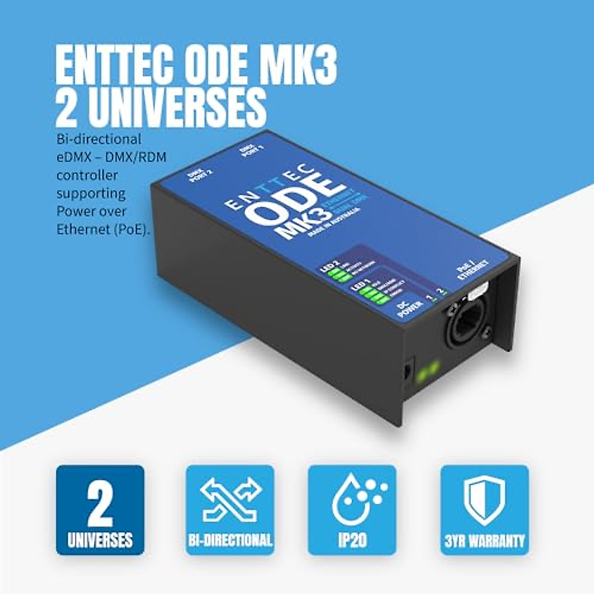 Enttec ODE Mk3 70407 POE 2 Universe Dual DMX / RDM Ethernet Converter Interface