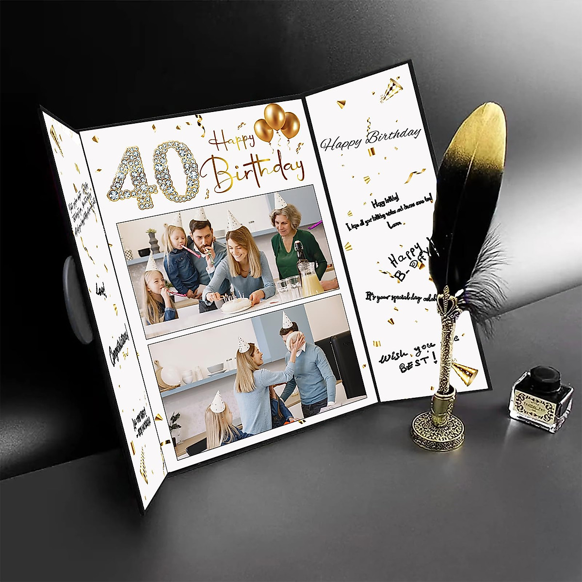 DARUNAXY Black Gold 40th Birthday Party Decorations, Happy 40th Birthday Alternative Signature Guest Book for Men Women 40 Years Old Table Sign Picture Frame Gift 40 Birthday Card Board Party Supplies