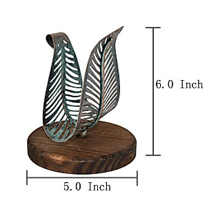 OwlGift Freestanding Modern Napkin Holder w/Golden Turquoise Metal Leaf & Brown Wooden Base Design, Tabletop Tissue Dispenser, Napkin Storage Organizer