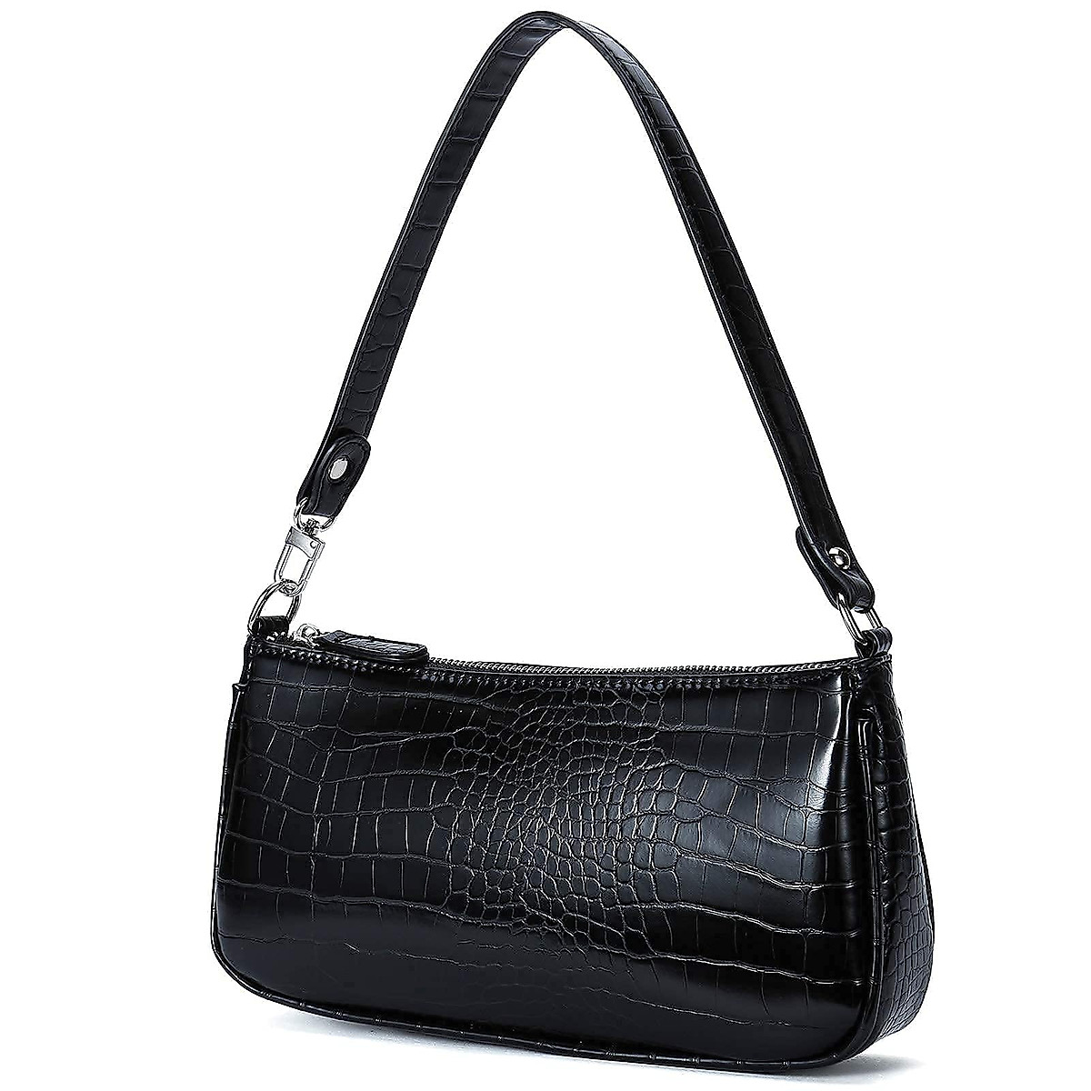 Small Shoulder Bags for Women Mini Handbags with Croc Pattern (Black with Leather Strap)