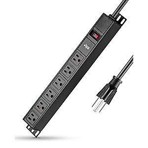 KMC 6-Outlet Metal Power Strip Surge Protector, Metal Mounting Brackets, 6 Foot Extension Cord, 1800 Joules, 125V/15A, Black