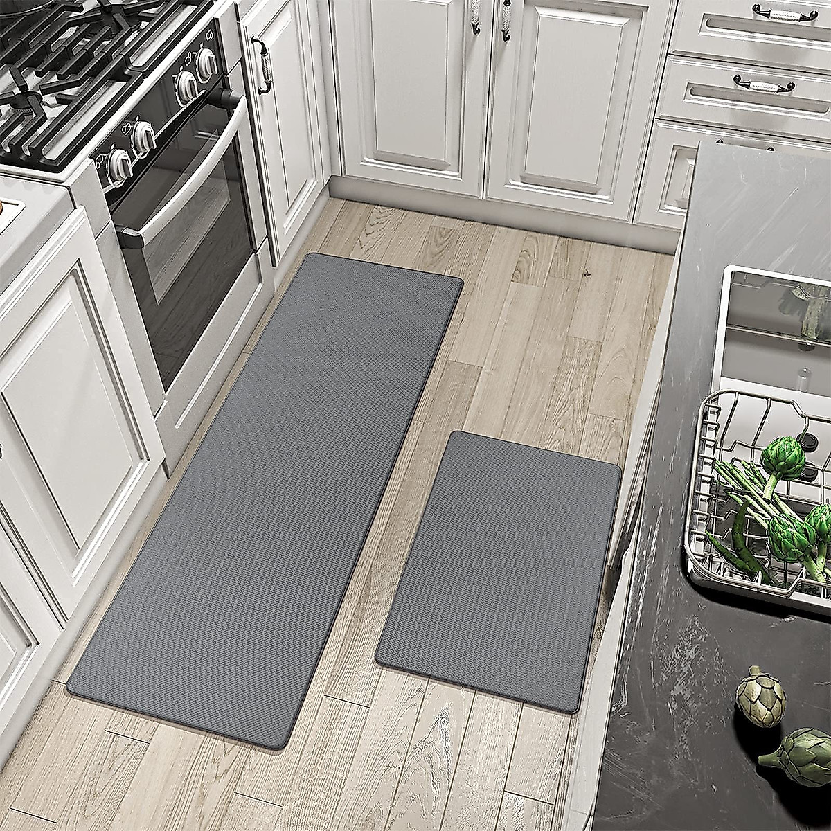 DEXI Kitchen Rugs and Mats Cushioned Anti Fatigue Comfort Runner Mats for Floor Rugs Waterproof Standing Rugs Set of 3,17"x29"+17"x59"+17"x79" Grey