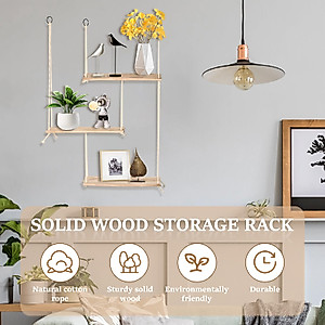 Macrame Wall Hanging Shelves, 3 Tier Hanging Floating Shelves for Wall, Boho Wall Shelves, Wood Hanging Shelves, Macrame Wall Hanging Shelf Tassel with Adjustable Rope, Room Decor for Plants Books