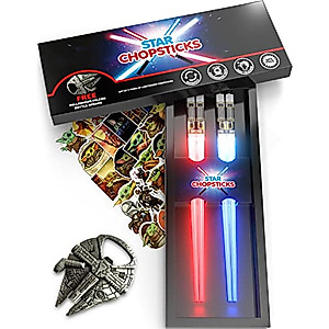 STAR CHOPSTICKS | FREE BOTTLE OPENER & STICKERS | 2 PAIRS DARK BOX | Lightsaber Chopsticks | Star Gifts and Toys for Kids | LED Light Up Reusable Safe Chopstick (Old Model)