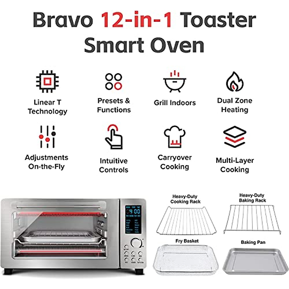 Nuwave Bravo 12-in-1 Digital Toaster Oven, Countertop Convection Oven & Air Fryer Combo, 1800 Watts, 21-Qt Capacity, 50°-450°F Temp Controls, Dual Zone Surround Cooking, Linear T Technology, SS Look