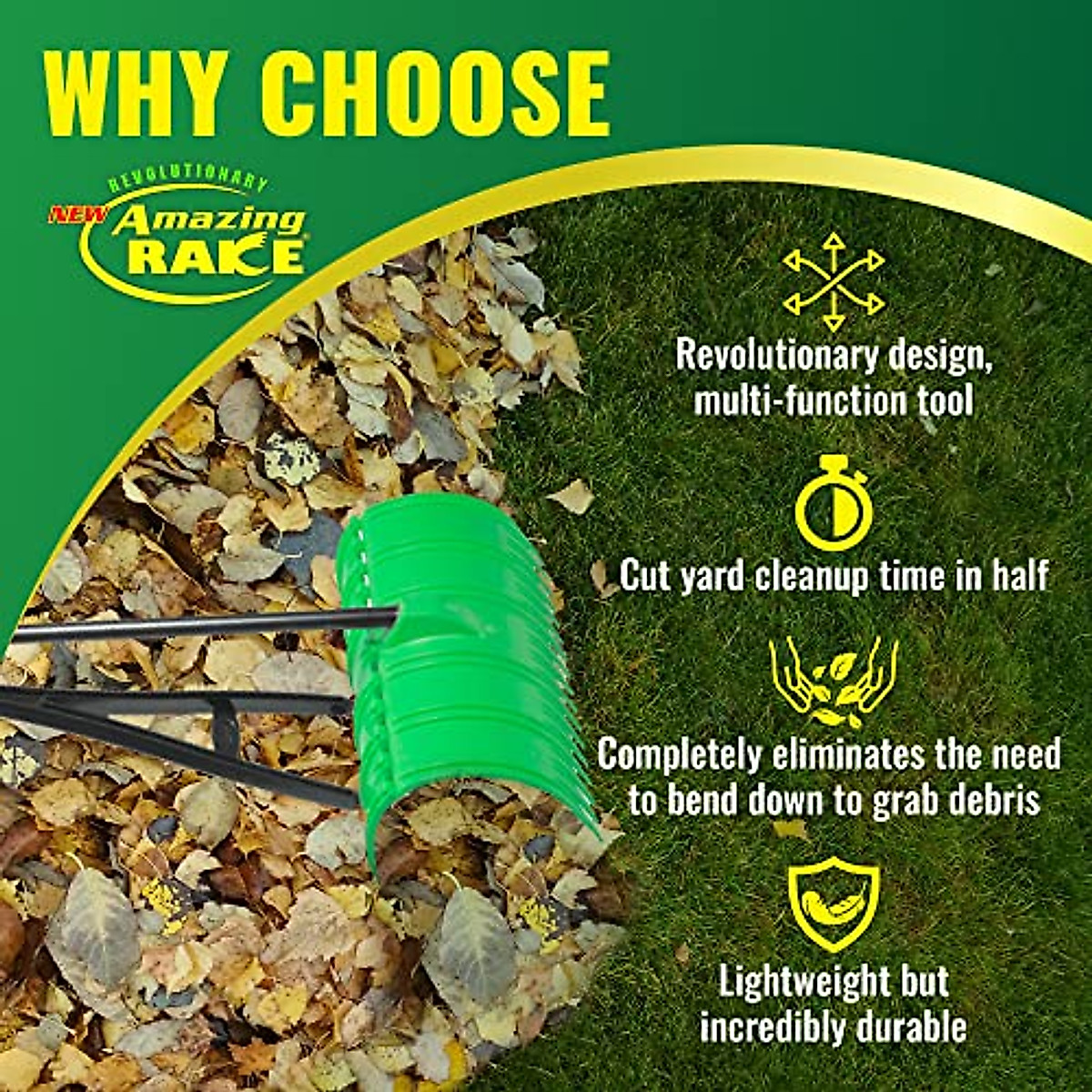 Amazing Rake Back Saving Garden Rake ― Leaf Rakes for Gardening ― Leaf Picker Upper ― Heavy Duty Leaves Claw & Rakes Lawns Garden Tool ― Easy Leaf & Grass Grabber Without Bending Over ― Yellow