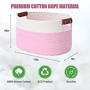 ECDYQXVU 1 Pack Cotton Rope Storage Baskets,15x10x9in,Collapsible Storage Bins, Decorative Woven Basket Cube Storage Organizer for Laundry, Towel, Clothes, Cosmetics, Books(White/Pink)