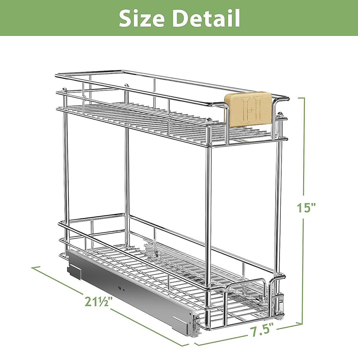 ROOMTEC Pull Out Cabinet Organizer With Wooden Handle 7½" W x 21½" D 2-Tier Cabinet Drawer Pull Out Shelves Under Cabinet Storage for Kitchen