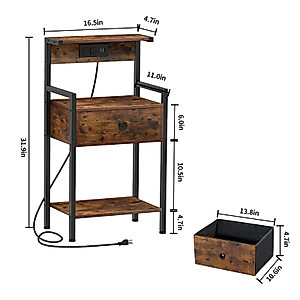 Snughome End Table with Charging Station, 3 Tier Side Table with Open Storage Shelves, Bedside Tables with Drawer, Nightstand with USB Ports & Outlets for Bedroom, Living Room
