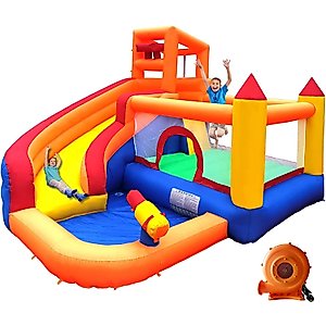HuaKastro Inflatable Bounce House Water Slide with Blower, 5 in 1 Backyard Water Park W/Climbing Wall, Splash Pool, Jumping Castle, Water Slide, Cannon, Bucket Dump for Indoor Outdoor Parties