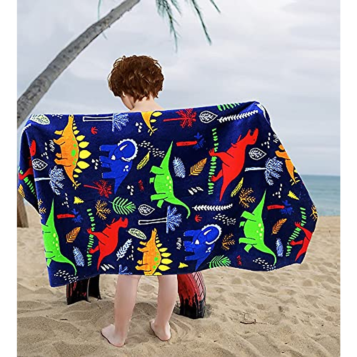YIFONTIN Beach Towel for Kids, Velour Blanket Throw 24x48 inches 100% Cotton for Bath Swim Camping, Dinosaur.