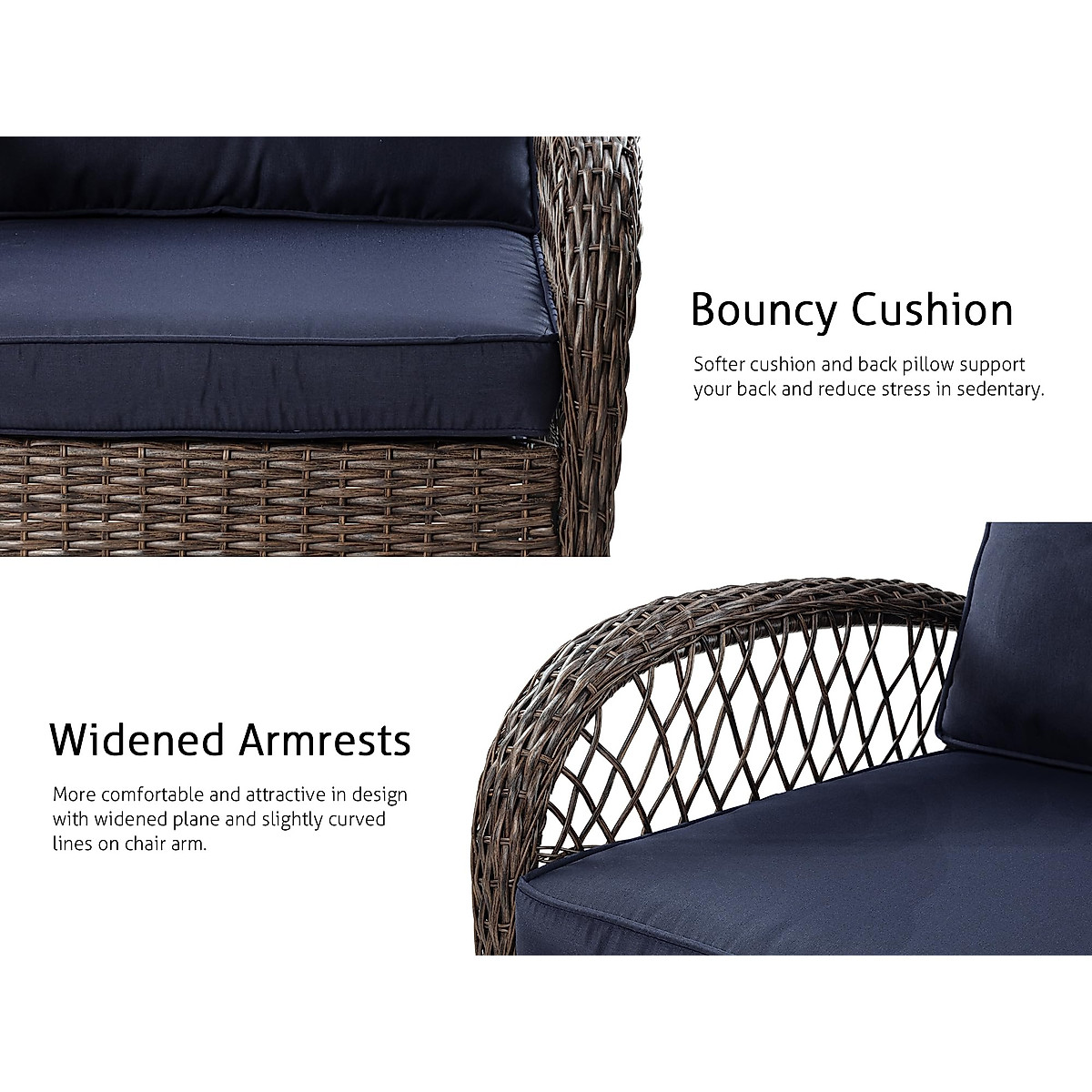 SHA CERLIN 3 Pieces Patio Furniture Set, Outdoor Swivel Glider Rocker, Wicker Patio Bistro Set with Rocking Chair, Cushions and Table (Blue)