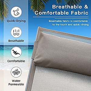 Domi Lounge Chair Set of 2, Aluminum Lounge Chairs for Outside with 5 Adjustable Positions, Chaise Lounge Outdoor for Pool, Garden, Beach, Camping, Backyard (Khaki)