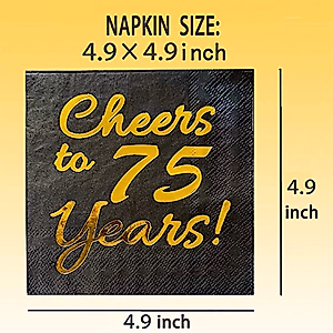 75th Birthday Decorations for Men Women Party Supplies Cocktail Napkins Black Gold 50 Pack,5"x 5" Folded, Cheers to 75 Years!