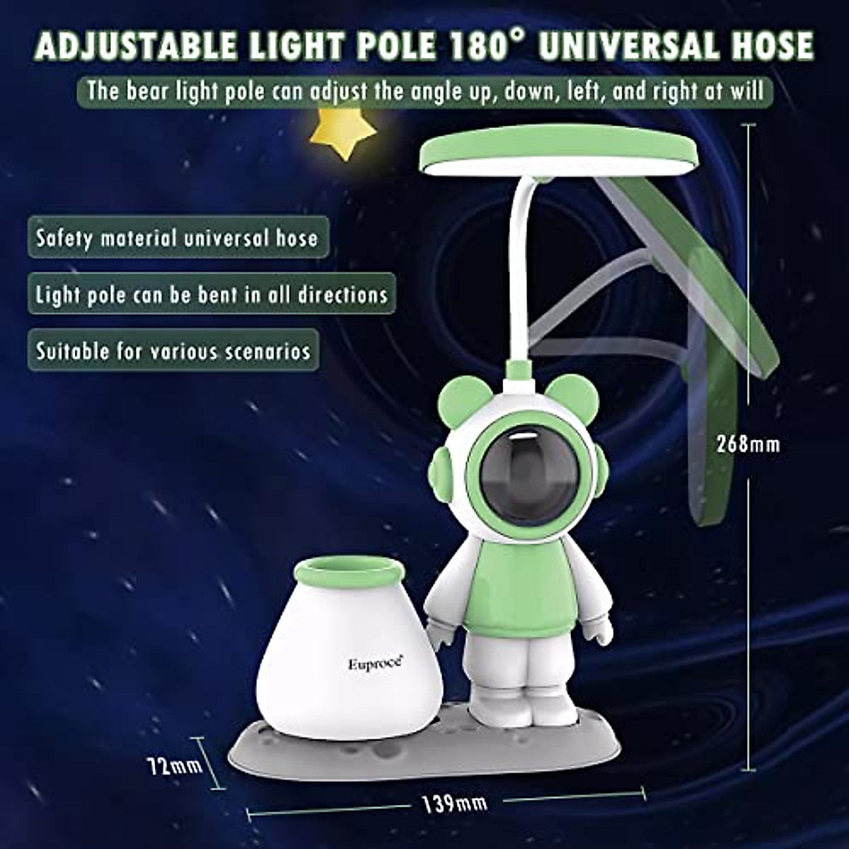 Euproce Rechargeable Desk Lamp, LED Desk Lamps for Home Office, Reading, Study, Eye-Caring Table Lamp with USB Charging Port, Adjustable Gooseneck Reading Lamp with Storage and Pen Holder