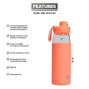 adidas 720 Ml (24 Oz) Squad Refillable Glass Water Bottle, Acid Red, One Size
