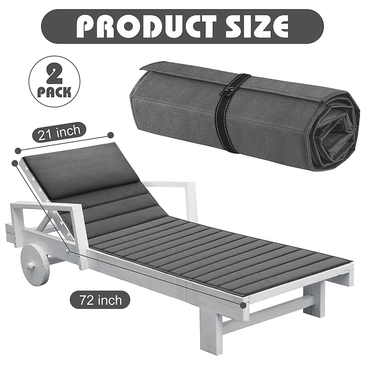 Hoolerry 2Pcs Folding Chaise Lounge Cushion Outdoor 72'' x 21'' Waterproof Lounge Chair Cushion Sofa Lawn Lounge Cushion with Headrest and Pocket Patio Recliner Cushion for Pool, No Chair (Grey)