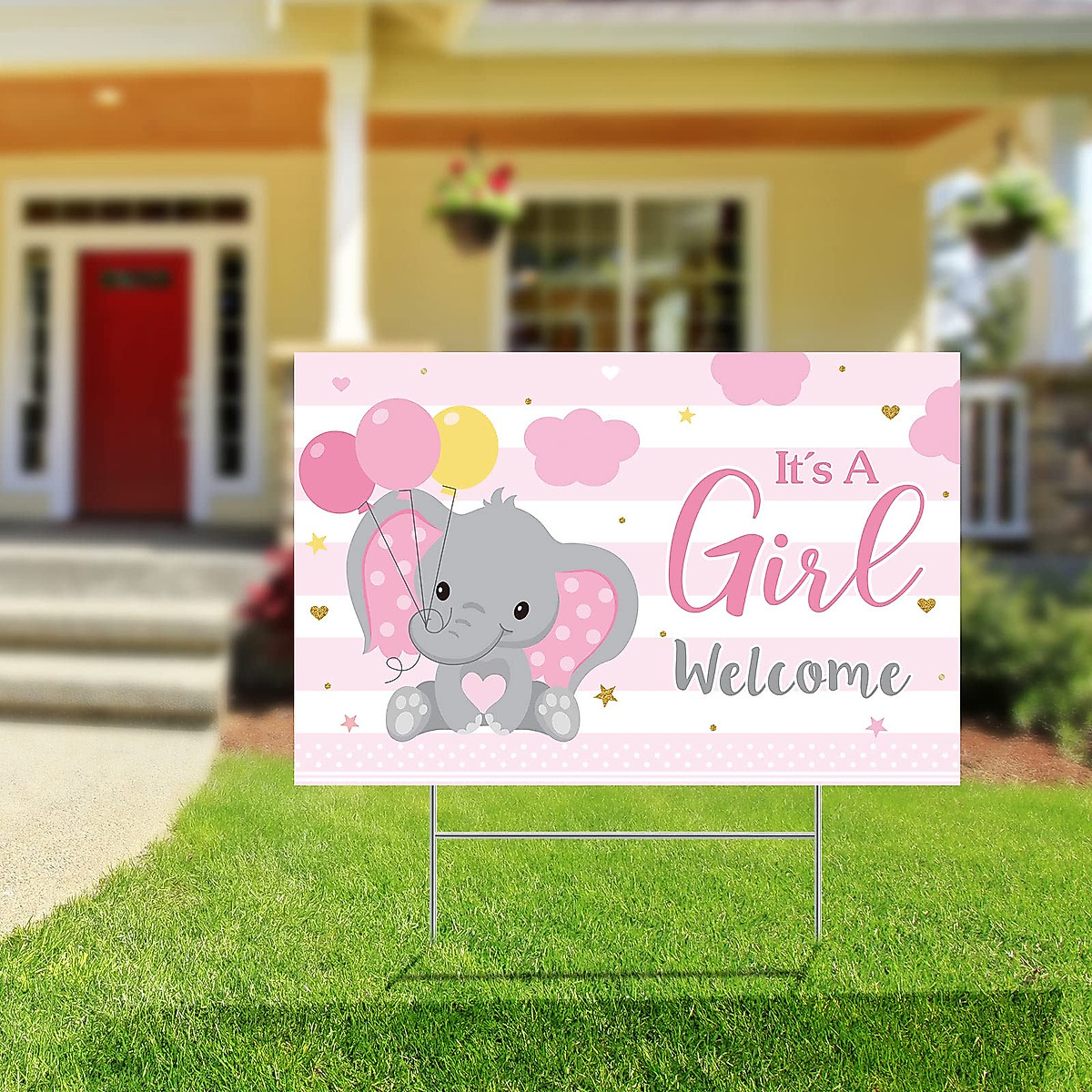 Baby Shower Yard Sign with Stake Gender Reveal Yard Sign Blue Pink Elephant Lawn Sign Baby Bear Lawn Sign Welcome Baby Announcement Sign for Boy Girl Outdoor Baby Shower Party Decorations(It's Girl)