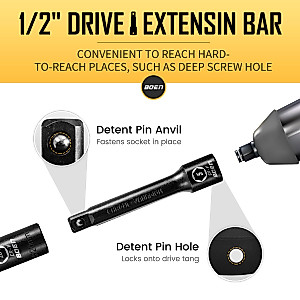 boen 1/2" Drive Impact Socket Set, 33 Piece Deep & Shallow Metric Socket Set 8mm to 22mm, Includes 5", 10" Extension Bars, Universal Joint, 6 Point Design, Cr-V Steel, Meets ANSI Standards