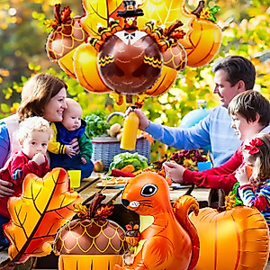 Gemscream 18 Pcs Thanksgiving Foil Balloons Set Large Happy Fall Balloons Maple Leaf Pine Cones Pumpkin Leaf Turkey Squirrel Thanksgiving Balloons for Autumn Theme Festival Party Supplies