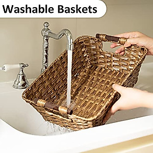 ROSOS Wicker Baskets 2 Pack, Washable Big Wicker Baskets for Storage with Wooden Handles, Waterproof Plastic Wicker Storage Basket for Shelves, Large Wicker Basket in Size 14.5"x10.6"x4.5", Brown