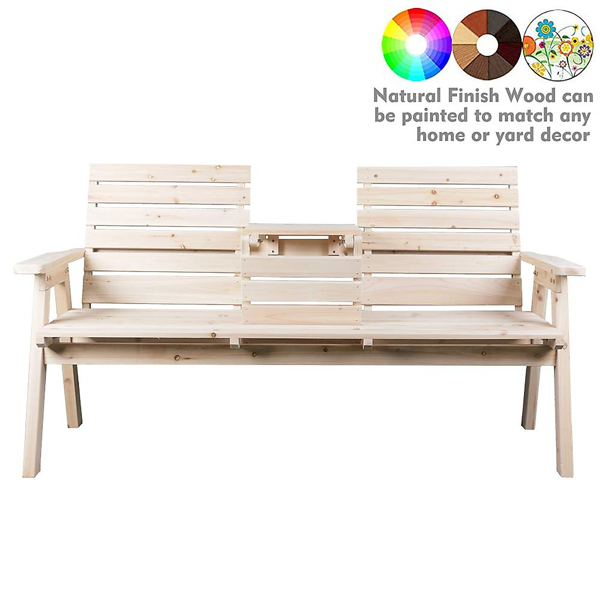 Kdgarden Cedar/Fir Log Wood Patio Garden Bench with Foldable Table, Outdoor Wooden Porch 3-Seat Bench Chair for Garden Balcony Patio Backyard, Natural Finish