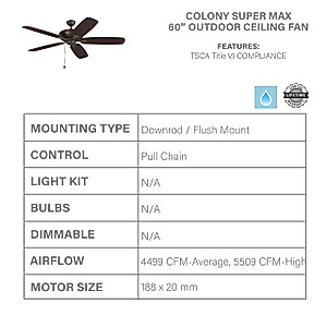 Monte Carlo 5CSM60RB Colony Super Max Dual Mount 60'' Outdoor Ceiling Fan with Pull Chain, 5 Blades, Roman Bronze
