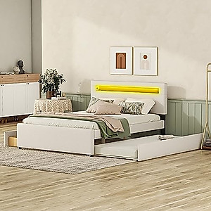 FEELHOME Queen Size Upholstered Platform Bed with 2 Storage Drawers and Twin Trundle, LED Lights and USB Charging, Linen Queen Bed Frame with Headboard and Wood Slat Support,Beige