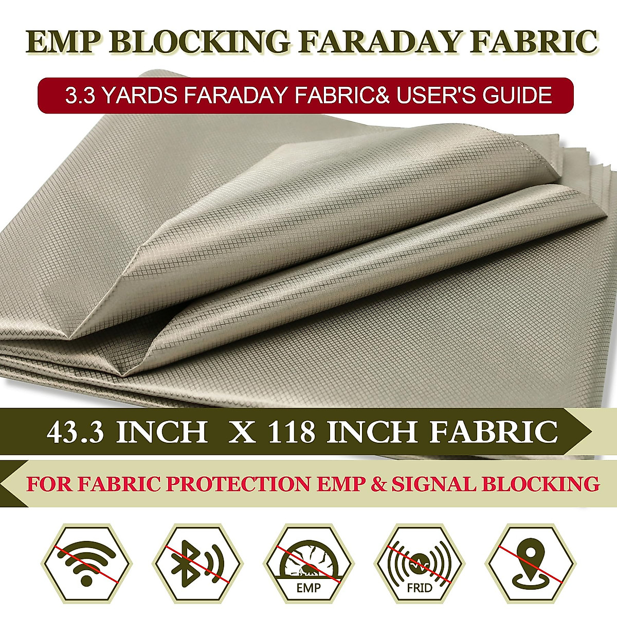 Faraday Fabric,Faraday Cloth 43.3"x118" Big 3.3 Yard Nickel Copper Conductive Military Grade Material Protective Fabric