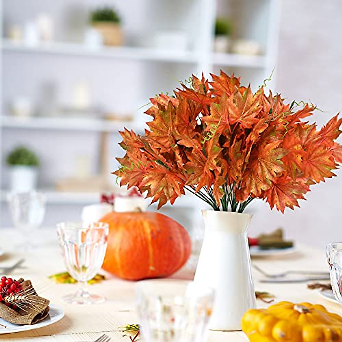 Artflower Fake Fall Bushes Autumn Fake Fall Bushes Artificial Large Maple Leaves Artificial Maple Leaves Branches for Indoor Outdoor Table Centerpieces Christmas Thanksgiving Decoration, 4 Pcs