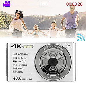4k Digital Camera, Portable Compact Camera, 2.8 inch Screen, 16X Digital Zoom, 48 Megapixels, 4k Video Resolution, Built in Fill Flash, Suitable for Teenage Beginners (Silver)