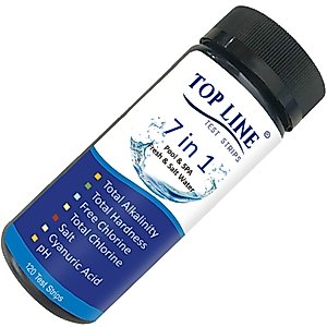 Top Line - 7 Way Pool Test Strips (120 Strips) - Hot Tub Test Strips - Spa Test Strips - Fresh & Saltwater Pool Test Strips - Test: pH, Chlorine, Cyanuric Acid, Hardness, Salt & More (Pool 7-1)