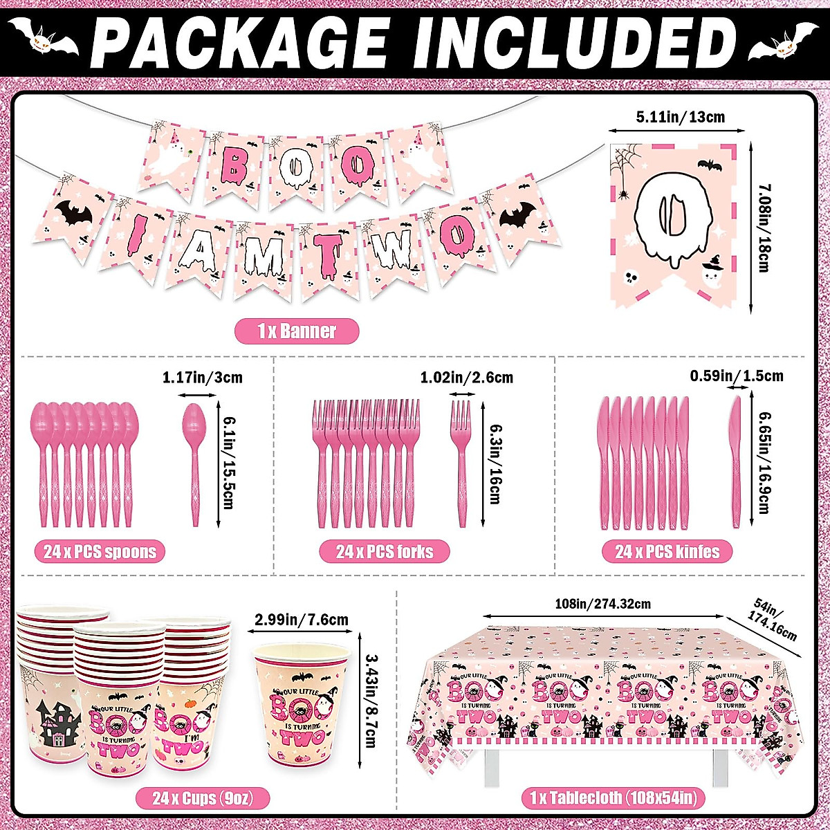 Yavxzvbw 182Pcs Boo I'm Two Decor Birthday Halloween Decorations Two Spooky Birthday Pink Halloween Birthday Party Decorations Girl with Boo Banner for Halloween 2nd Birthday Decorations