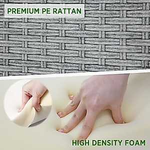 EAGLE PEAK 9 Piece Outdoor Wicker Patio Furniture Set with Fire Table, PE Rattan Sectional Conversation Sofa Set with Seating for 8 People, Light Blue