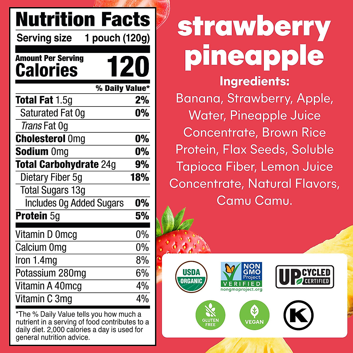 Noka Superfood Fruit Smoothie Pouches, Strawberry Pineapple, Healthy Snacks with Flax Seed, Prebiotic Fiber and Plant Protein, Vegan and Gluten Free, Organic Squeeze Pouch, 4.22 oz, 6 Count