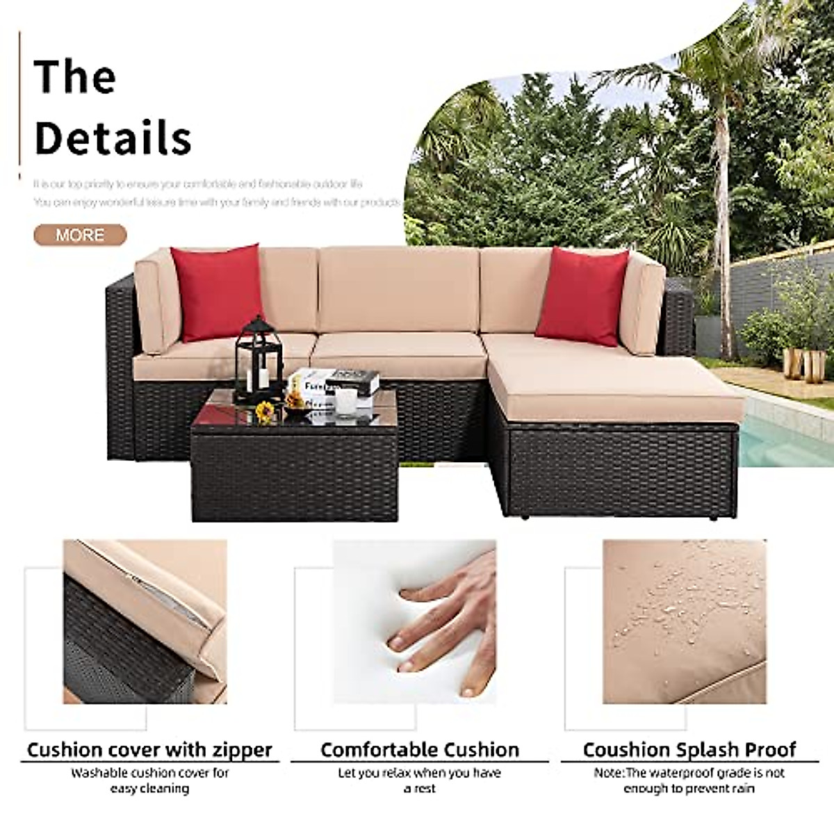 Shintenchi 5 Pieces Patio Furniture Sets Outdoor All-Weather Sectional Patio Sofa Set PE Rattan Manual Weaving Wicker Patio Conversation Set with Glass Table&Ottoman Cushion and Red Pillows