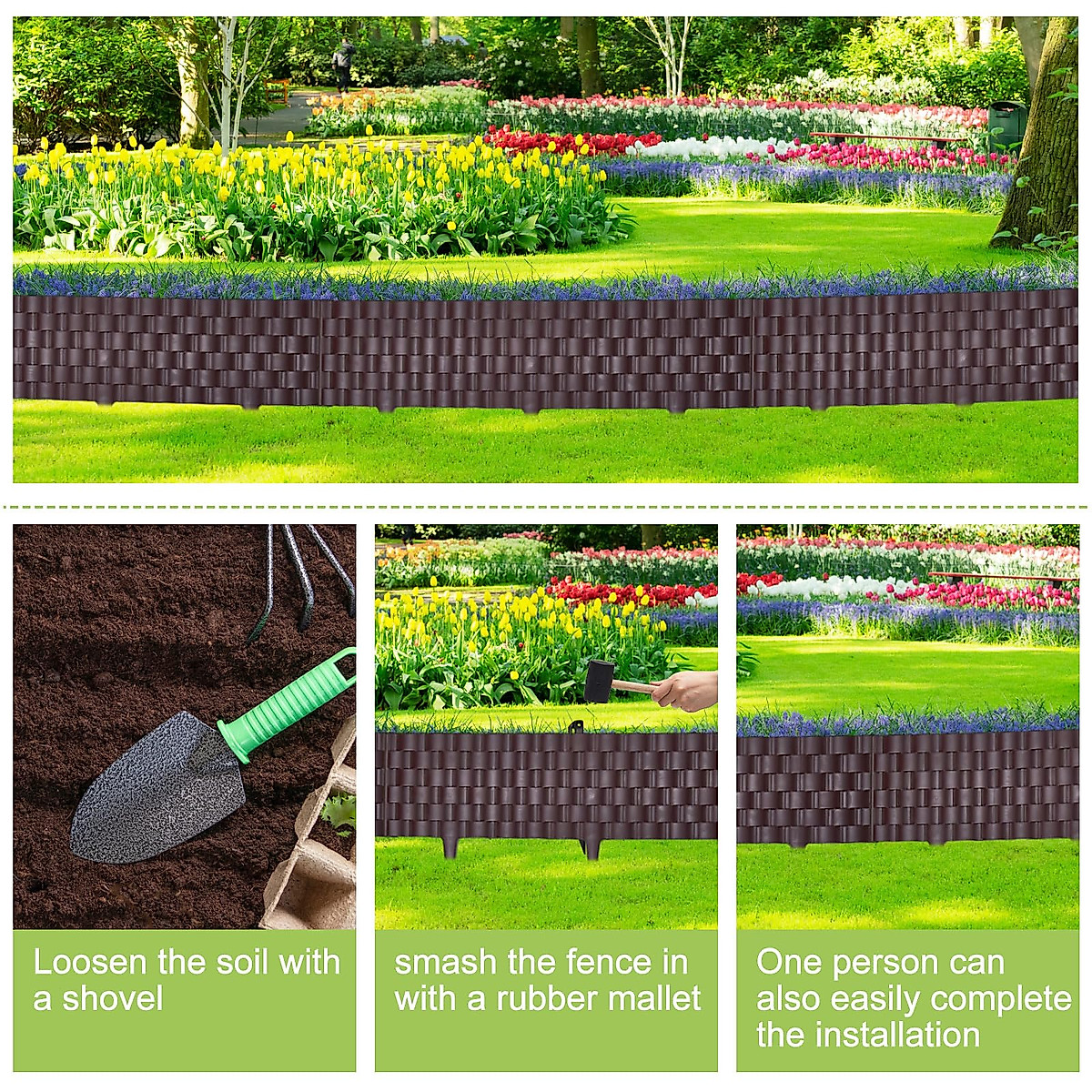 Sasylvia 8 Sets Faux Rattan Brown Landscape Edging Flexible Plastic Garden Border Decorative Lawn Edging Flower Bed Edging Borders with Anchoring Stakes and Hammer for Outdoor, 23.62 x 0.3 x 8.66 Inch