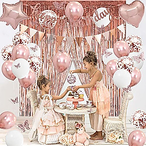 Rose Gold Birthday Decorations, Happy Birthday Banner Rose Gold, Rose Gold Balloons, Rose Gold Tablecloth Fringe Curtains, Pennant Banner and 3D Butterfly Stickers for Women Girls Birthday Party Supplies