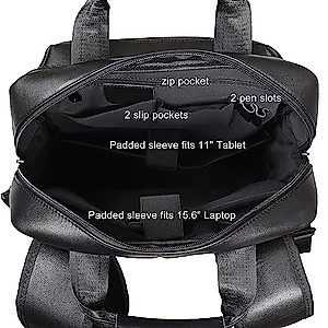 Masa Kawa Black Leather Backpack for Men 15.6 Inch Laptop Bag Multi Pockets Rucksack Casual Business Work Travel Daypack