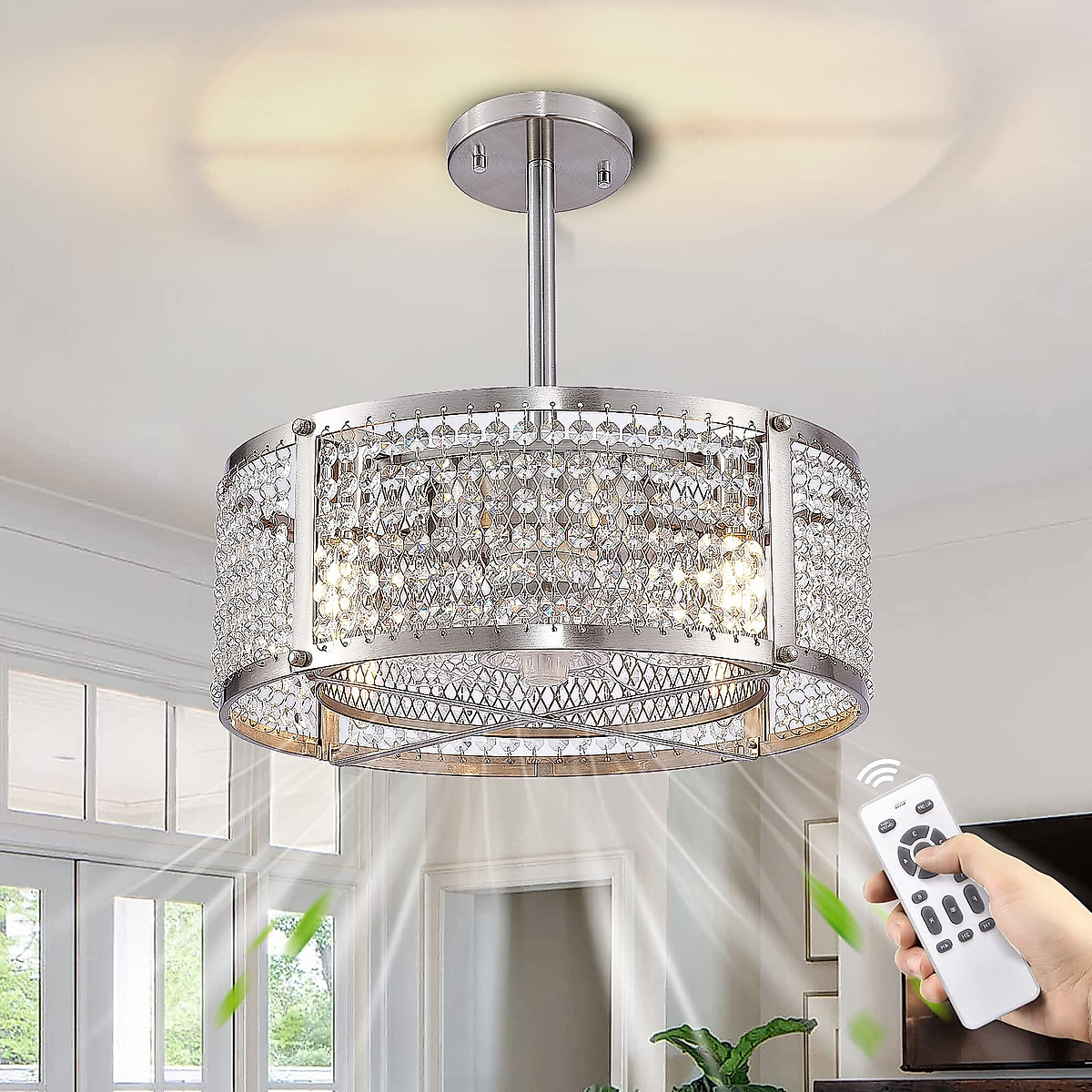 Zhizenl Caged Ceiling Fan with Lights, Indoor Enclosed 6 Speeds Reversible Ceiling Fans with Remote Control, Crystal Modern Industrial Ceiling Fan Lights for Living Room Bedroom Kitchen