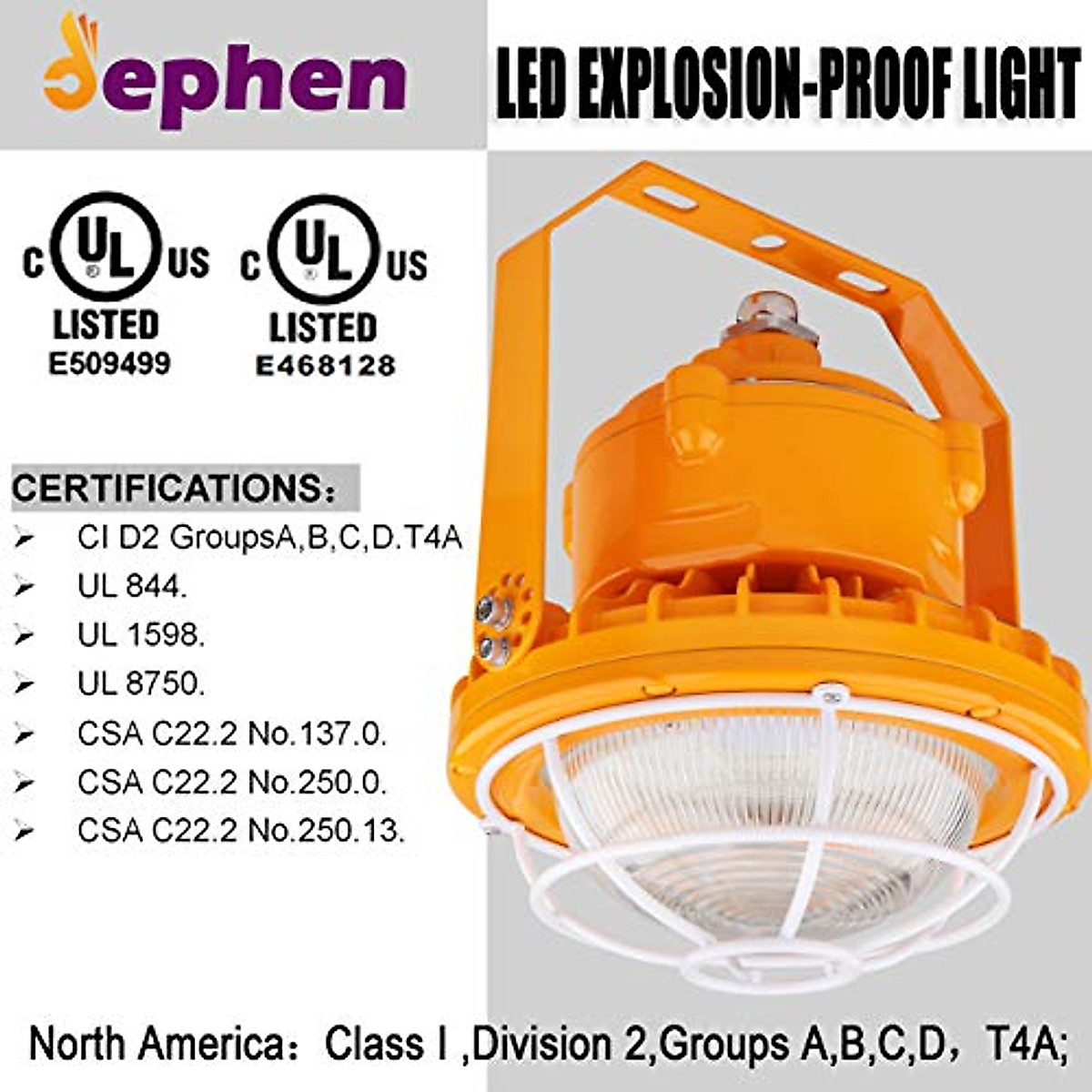 60W LED Explosion Proof Light, UL 844 Certified Class I Division II High Bay Warehouse Lighting, 8400 Lumens 240W Equivalent, 5700K Daylight, IP66 Waterproof, 3/4" NPT/Bracket Installation