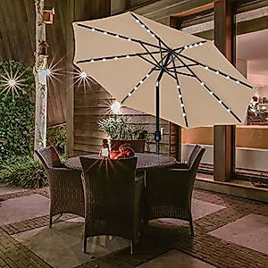 Simple Deluxe 9' Solar Umbrella 32 LED Lighted Patio Umbrella Table Market Umbrella with Push Button Tilt/Crank Outdoor Umbrella for Garden, Deck, Backyard and Pool, Tan